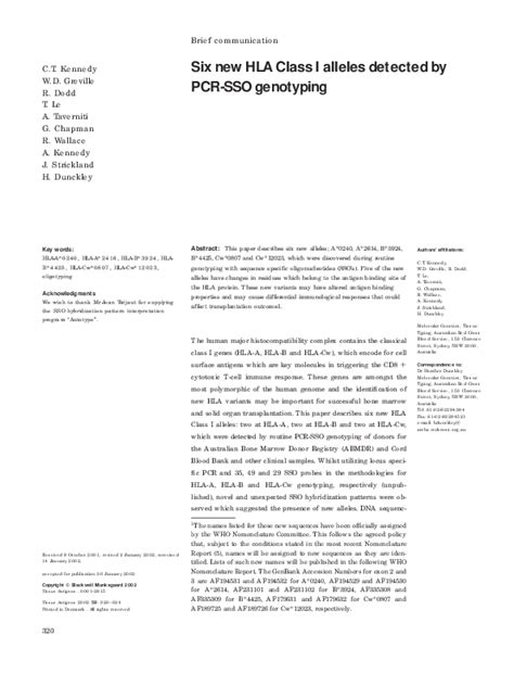 Pdf Six New Hla Class I Alleles Detected By Pcr Sso Genotyping