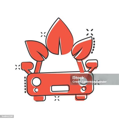 코믹 스타일의 에코 카 아이콘 흰색 고립 된 배경에 잎과 자동 만화 벡터 그림 바이오 충전 스플래시 효과 사인 비즈니스 컨셉