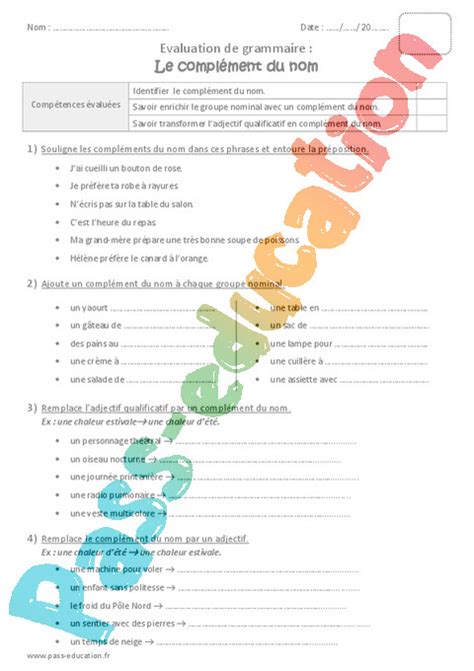 Evaluation Complément du nom CM1 Français Pass CM1