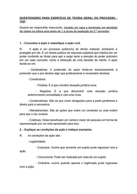 Exercícios Tgp Para De Teoria Geral Do Processo Tgp Ser Respondido