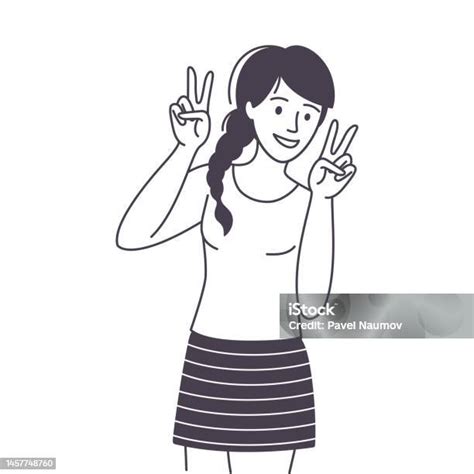 V 평화 기호를 긍정적인 손 제스처 개요 벡터 일러스트 레이 션으로 보여주는 여자 캐릭터 브이에 대한 스톡 벡터 아트 및 기타