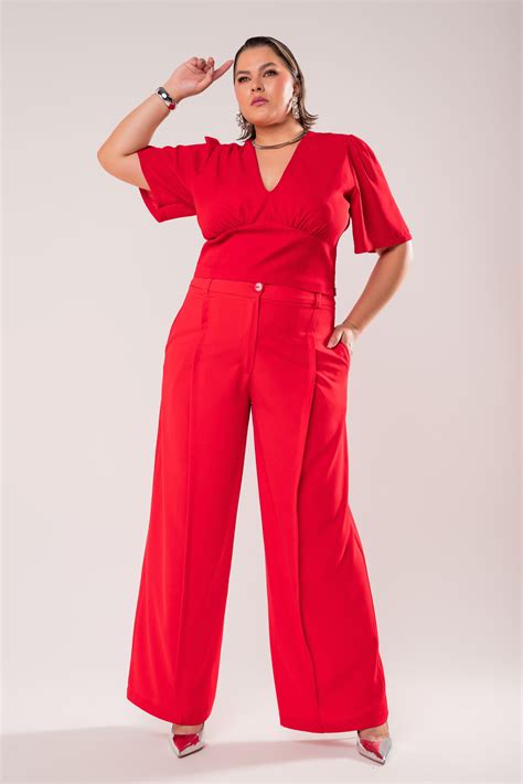 Blusa Crepe Franzido Decote Vermelho Rery Roupa Feminina Plus Size