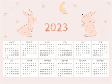 토끼와 함께 2023 년 달력 프리미엄 벡터