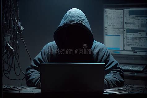 Computer Monitor With Flickering Lights And Hooded Hacker In The Dark Room Typing On Keyboard