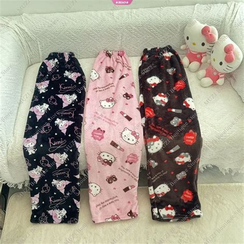 三麗鷗 Hello Kitty 睡褲卡通 Kuromi 女士毛絨珊瑚絨彈力柔軟長褲舒適女童家居褲禮物 蝦皮購物