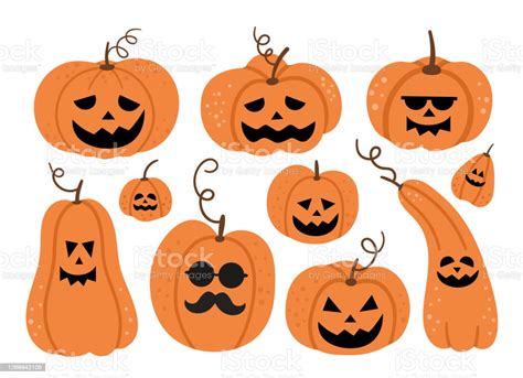 벡터 잭오랜턴 세트입니다 재미있는 호박 등불이있는 할로윈 파티 일러스트레이션 가을 삼하인 파티에 대한 무서운 디자인 모든 성도의 날 요소 컬렉션 10월에 대한 스톡 벡터