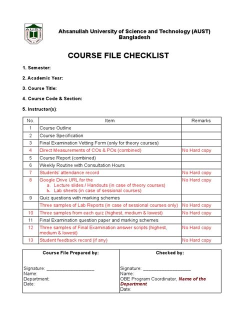 0 Course File Checklist Tempalte V4 Pdf