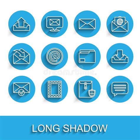 Set Line Envelope And Check Mark Postal Stamp Upload Inbox With Shield Speech Bubble Chat