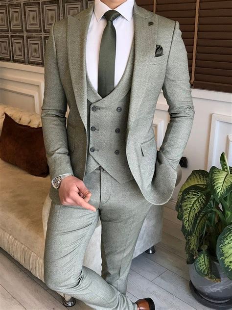 Men Suits Wedding Olive Green 3 Piece Formal Fashion Elegant T For