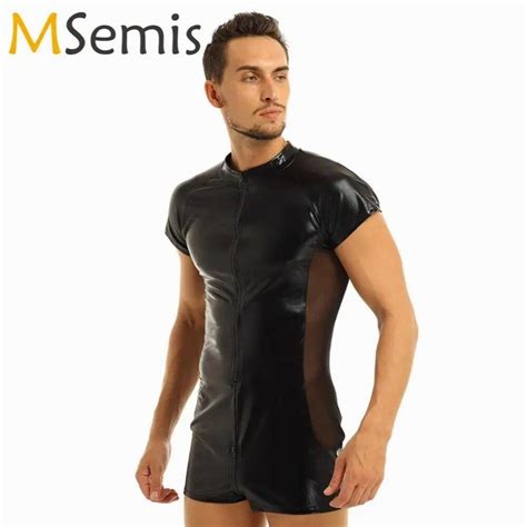 Mens Wetlook Patent Leather Bodysuit Sexy Side Sheer Mesh Front Zipper