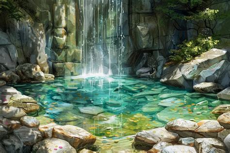 Enchanted Forest Waterfall Oasis With Sunlight Streaming Through