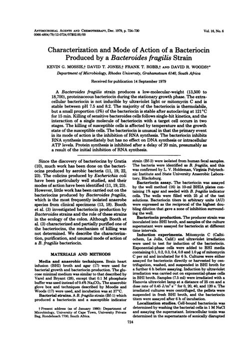 Pdf Characterization And Mode Of Action Of A Bacteriocin Produced By A Bacteroides Fragilis Strain