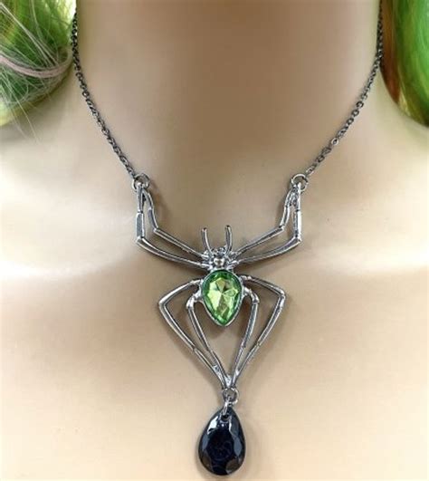 Horror Silver Spider Necklace With Green Jewels
