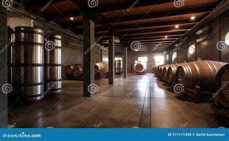 Winery Basement With Wooden Barrels And Racks Of Old Wine Bottles AI