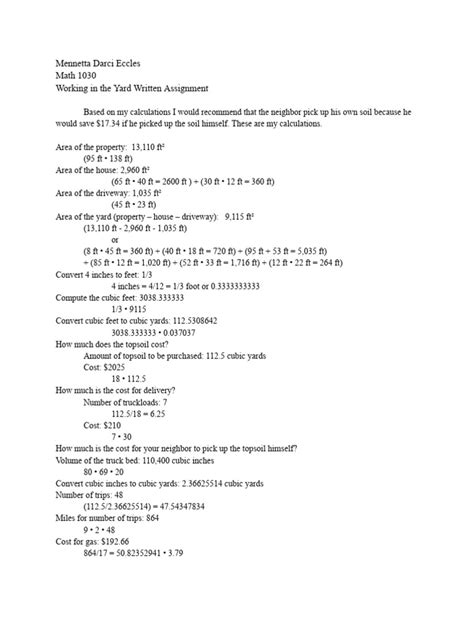 Math 1030 Working In The Yard Written Assignment Mennetta Darci