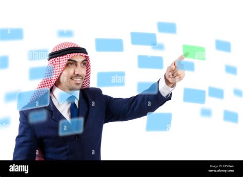 Arab Man Pressing Virtual Buttons Stock Photo Alamy