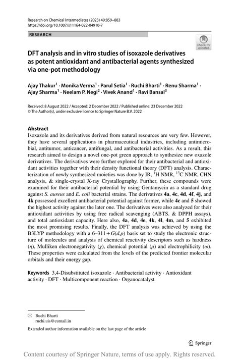 Dft Analysis And In Vitro Studies Of Isoxazole Derivatives As Potent