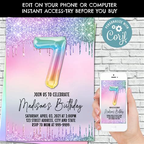 Editable 7th Birthday Invite 7th Birthday Invitation Rainbow Invitation