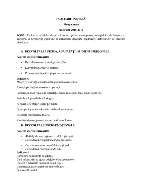 Evaluare IniŢialĂ Indicatori Nou Pdf