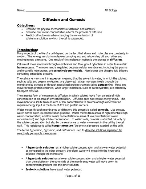 Lab 04 Diffusion And Osmosis Exams Biology Docsity