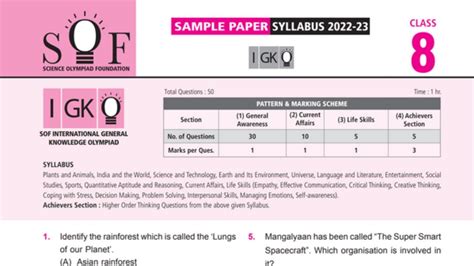 Class 8 Igko Sof Gk Olympiad Questions Sample Paper Gk Olympiad