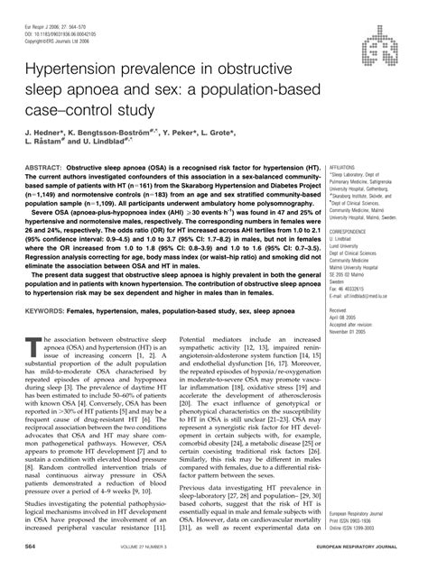 Pdf Hypertension Prevalence In Obstructive Sleep Apnoea And Sex A Population Based Case