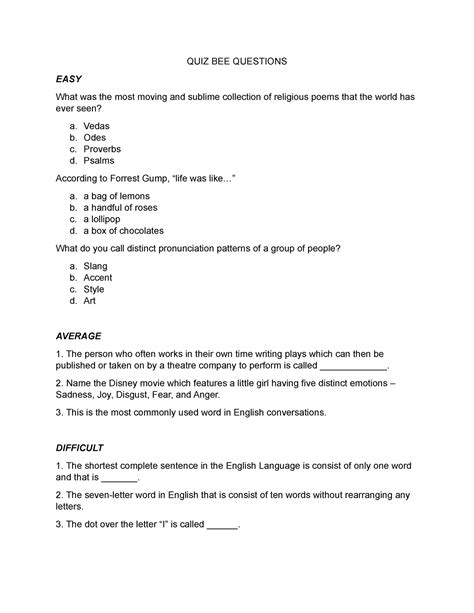 Quiz Bee Items This Is A Sample Quiz Bee Test Questions Which Could