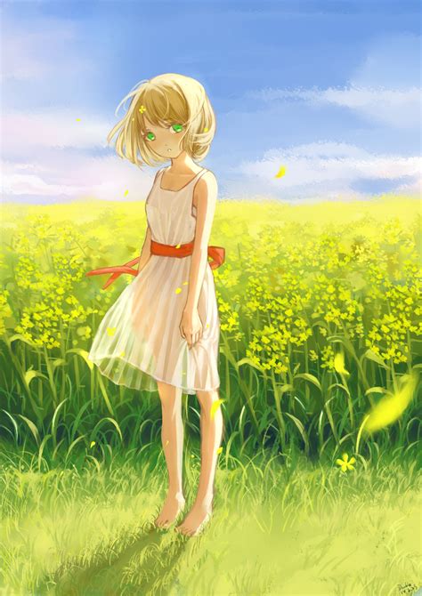 Anime Art Summer Time Summer Dress Short Hair Flowers