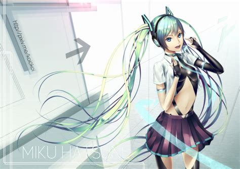 Vocaloid Aqua Hair Blue Eyes Collar Gloves Hatsune Miku Headphones Long Hair Navel