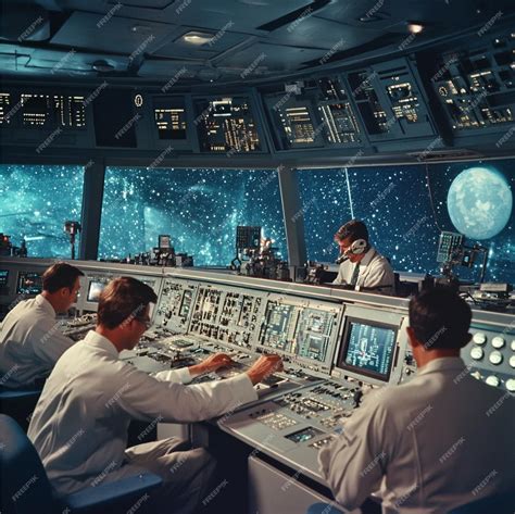Engineers Calibrating Communication Systems In A Space Mission Control Center Premium Ai