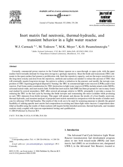Pdf Inert Matrix Fuel Neutronic Thermal Hydraulic And Transient Behavior In A Light Water