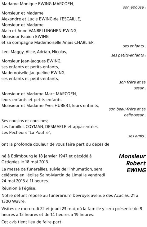 Avis De Décès De Robert Ewing Décédé Le 18052013 à Ottignies