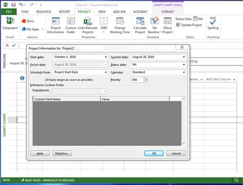 Microsoft Project 2013 Create Project Set Project Information