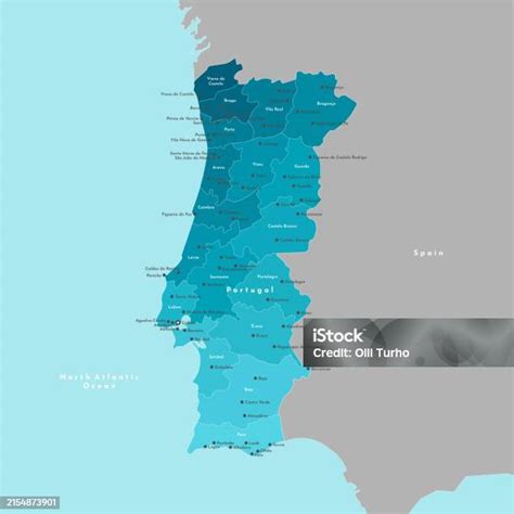 벡터 현대 일러스트 레이 션 포르투갈의 단순화된 행정 지도 가장 가까운 주 스페인과의 국경 바다의 푸른 배경입니다 도시 및 구역 이름 0명에 대한 스톡 벡터 아트 및 기타