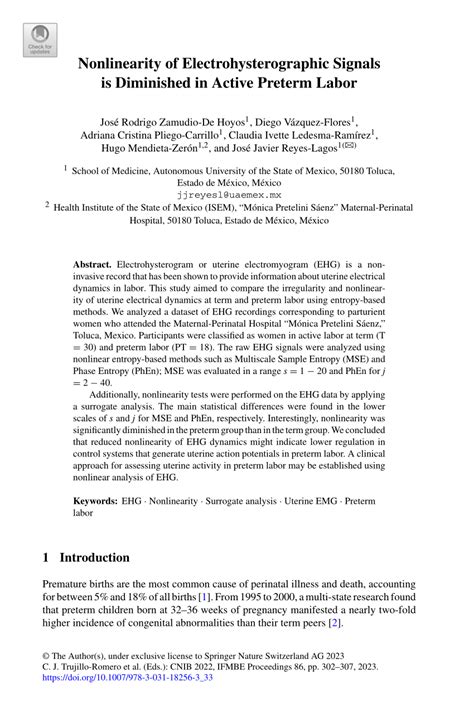 Pdf Nonlinearity Of Electrohysterographic Signals Is Diminished In Active Preterm Labor
