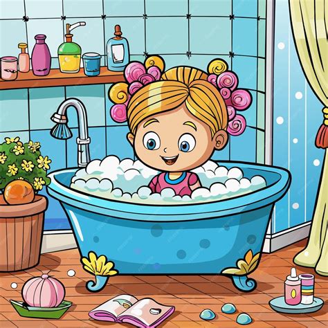 A Cartoon Of A Girl In A Bathtub With A Girl In The Tub Premium Ai