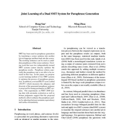 Joint Learning Of A Dual Smt System For Paraphrase Generation Acl Anthology