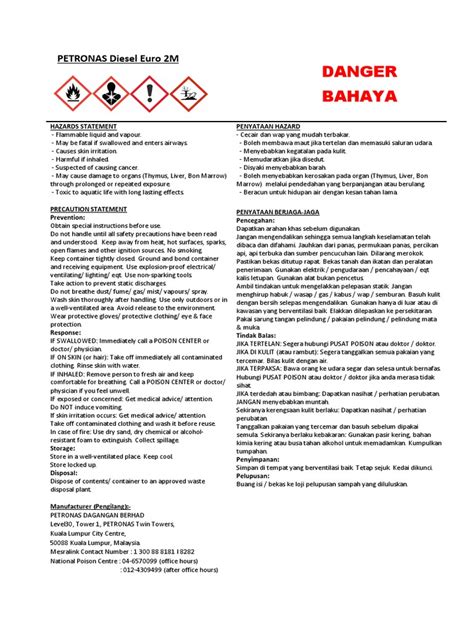 Petronas Diesel Euro 2m Label2 Pdf Safety Occupational Safety And