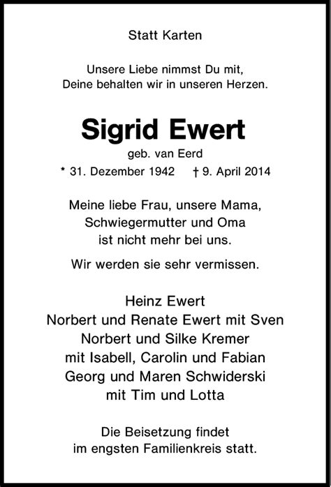 Traueranzeigen Von Sigrid Ewert Trauer In Nrw De