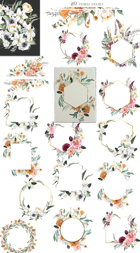 Boho Floral Frames Set Burgundy And Blush Watercolor Etsy