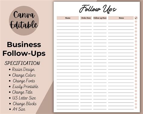 Business Follow Ups Printable Customer Log Small Business Customer Form Follow Up Reminder
