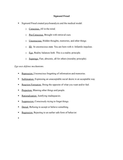 Sigmund Freud Notes Sigmund Freud Sigmund Freud Created Psychoanalysis And The Medical Model