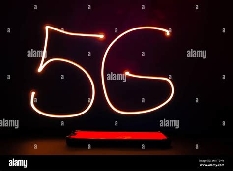 Abstract Red Lines Long Exposure Light Shape Of 5g Network Internet