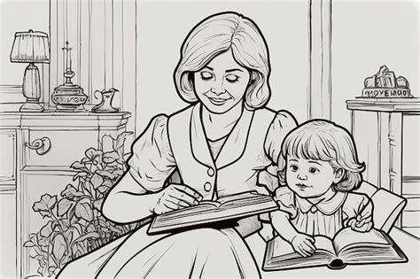 Madre E Hijo Leyendo Un Libro Aislado Colorear Foto Premium