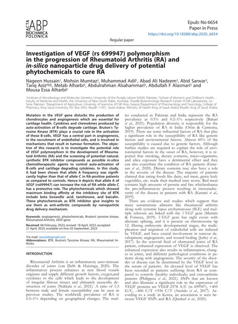 Pdf Investigation Of Vegf Rs 699947 Polymorphism In The Progression Of Rheumatoid Arthritis