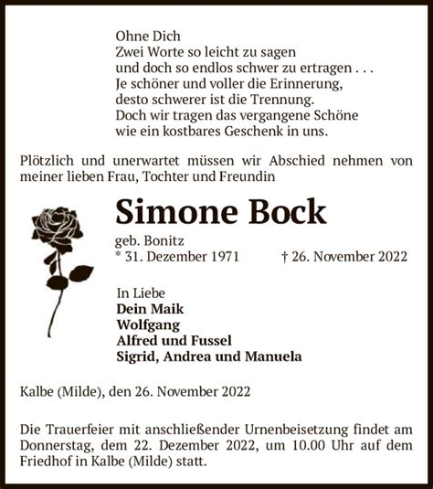 Traueranzeigen Von Simone Bock Az Trauer De