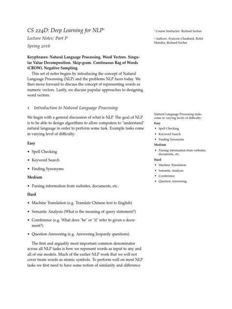Cs 224d Deep Learning For Nlp Lecture Notes Part I Spring 2016