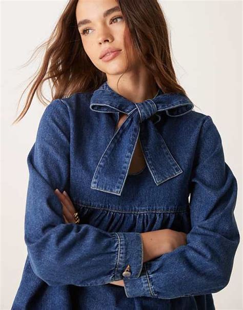 Asos Design Denim Bow Neck Top In Indigo Asos