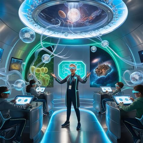 Default A Futuristic Classroom Oil On Canvas Depicts A Vibrant