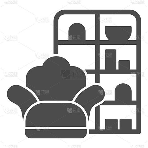 扶手椅和衣柜固体图标家具概念白色背景的客厅室内标志沙发和书柜图标字形风格的移动和网页设计矢量
